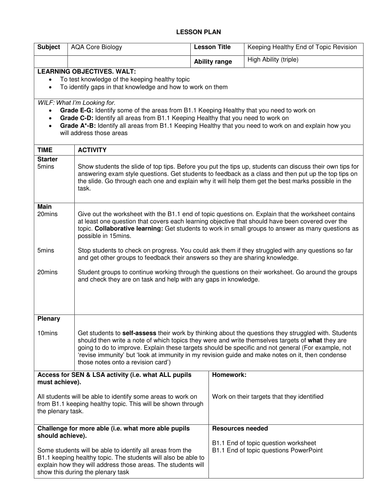 GCSE B1.1 Keeping Healthy End of Topic Revision | Teaching Resources