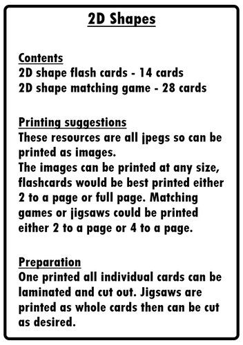 2D shapes cards and matching game | Teaching Resources