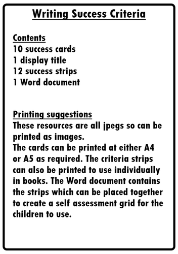 Writing success criteria cards and strips | Teaching Resources
