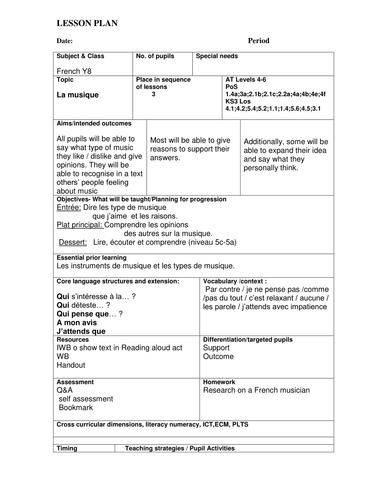 LA MUSIQUE - Session III - French - Y8 | Teaching Resources