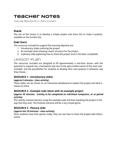 Code Lesson B1-4 Sharing a Scratch Project | Teaching Resources