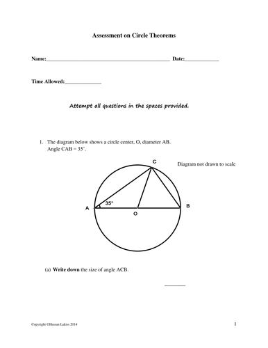 Assessment on Circle Theorems with solutions and markscheme | Teaching ...