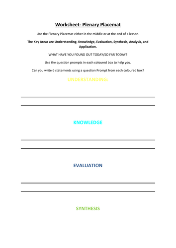 Plenary Placemats | Teaching Resources