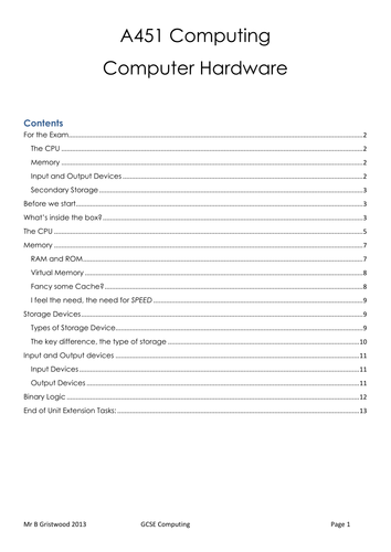 A451 Computer Hardware Workbook | Teaching Resources