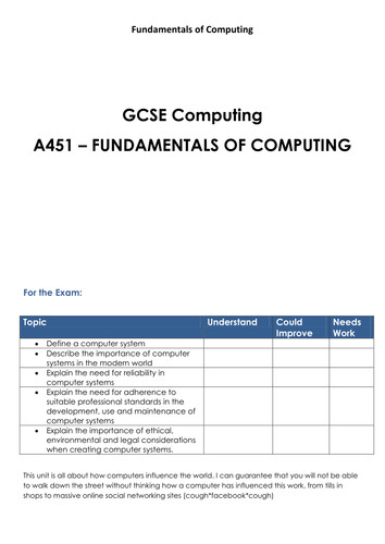 A451 Computing Workbook - Fundamentals | Teaching Resources