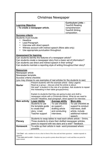 Complete Lesson - Year5 Christmas Newspaper Activity | Teaching Resources