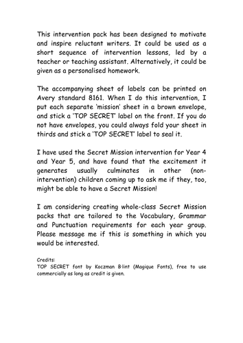 Secret Mission Writing Intervention | Teaching Resources