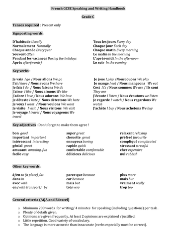 French GCSE Grade C Writing and Speaking Handbook | Teaching Resources