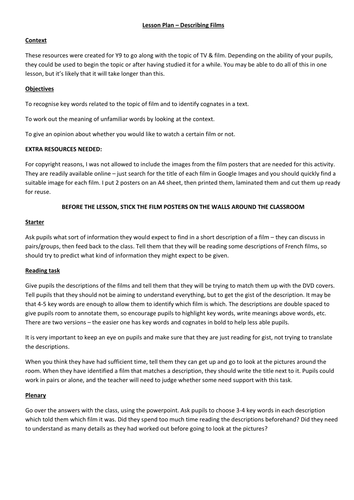 Reading skills on film descriptions - Y9 | Teaching Resources