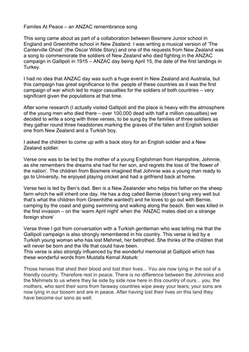 Song For Anzac Day - Families At Peace | Teaching Resources