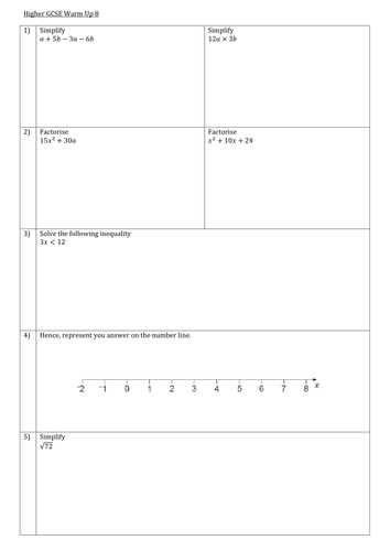 Higher GCSE Warm Ups Set 2 | Teaching Resources