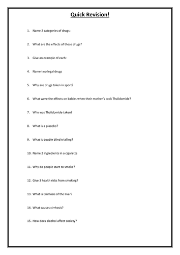Drugs Revision Questions | Teaching Resources