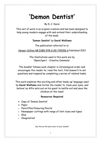 Demon Dentist - David Walliams - Study Booklet by crigdon - Teaching ...