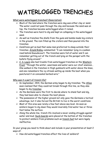 Y8 WW1 Life in the Trenches | Teaching Resources