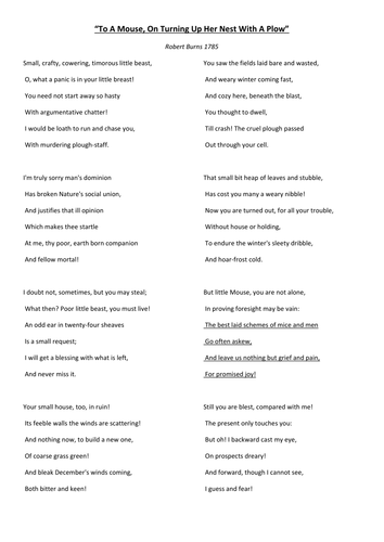 Of Mice and Men - To a Mouse (R. Burns) | Teaching Resources