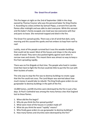 Great Fire Reading Comprehension | Teaching Resources