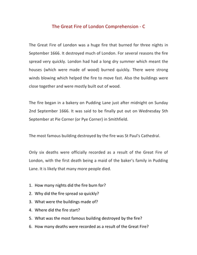 Great Fire Reading Comprehension | Teaching Resources