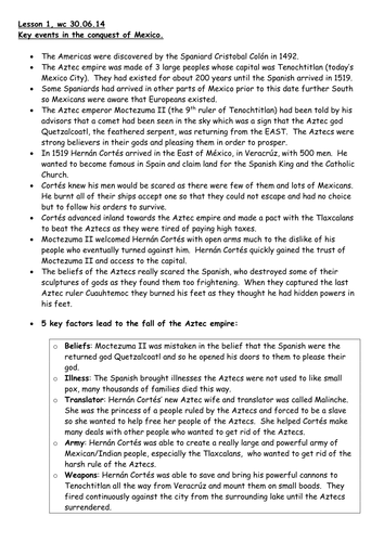 Fall of the Aztec Empire Year 4 | Teaching Resources