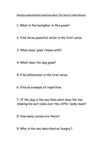 Reading comprehension questions The Sea by James Reeves KS2/3 different ...