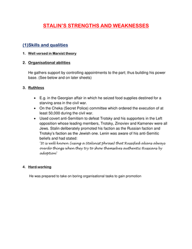 Stalin's Rise to Power Info/ essay plan A Level | Teaching Resources