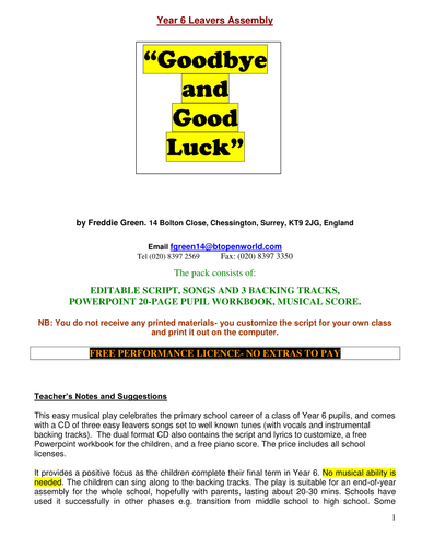 Goodbye and Good Luck (Musical Leaver's Play for Year 6) | Teaching ...