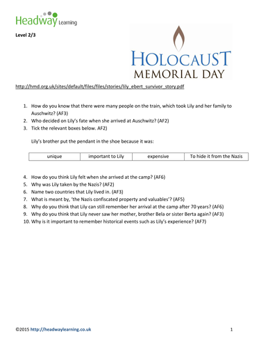 Holocaust Memorial Day - reading comprehension | Teaching Resources