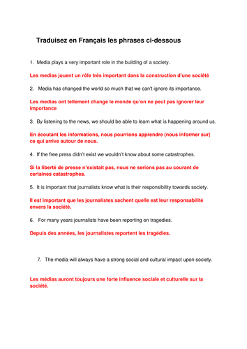 le rôle des medias en France et dans le monde. | Teaching Resources