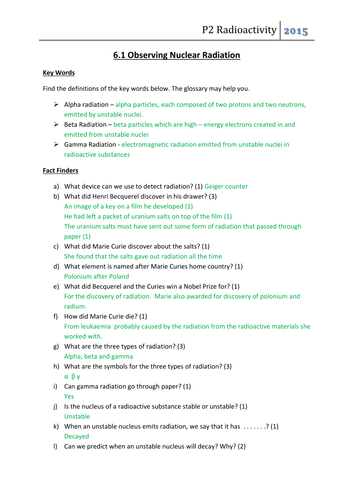 AQA P2 6.1 Observing Nuclear Radiation Facts Test Sheet | Teaching ...