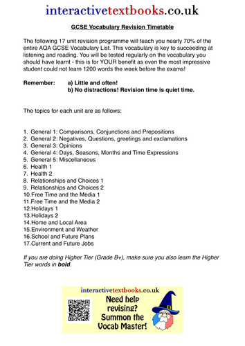 GCSE French Vocabulary Revision Timetable | Teaching Resources