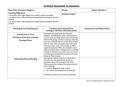 'Kensuke's Kingdom' Guided Reading Planning | Teaching Resources