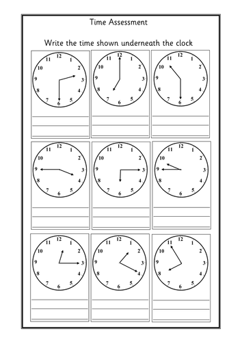 Worksheets to assess telling and writing the time. | Teaching Resources