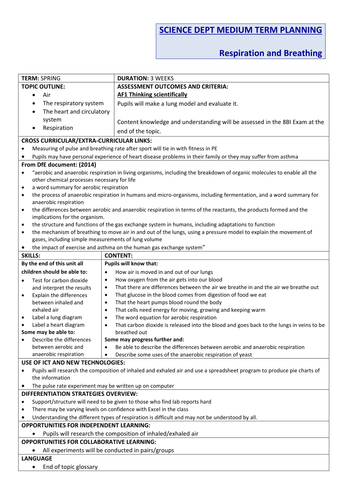 Respiration and Breathing Unit Plan (KS3) | Teaching Resources