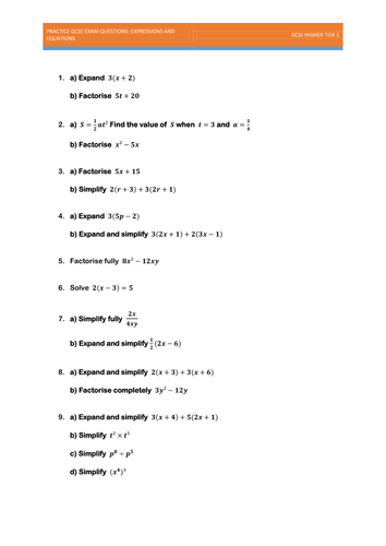 GCSE Practice Exam Questions: Expressions and Equations | Teaching ...