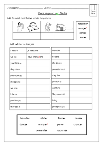 FRENCH VERBS - Planting a regular -er verb - Worksheets | Teaching ...
