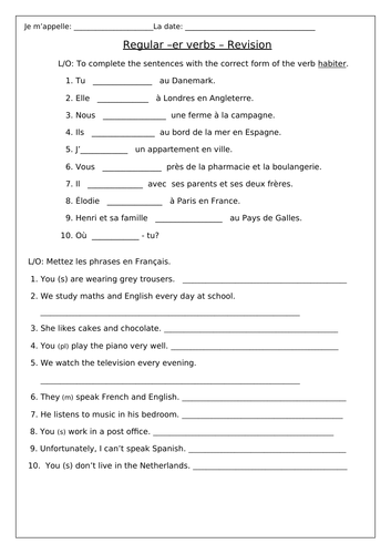 FRENCH VERBS - Planting a regular -er verb - Worksheets | Teaching ...