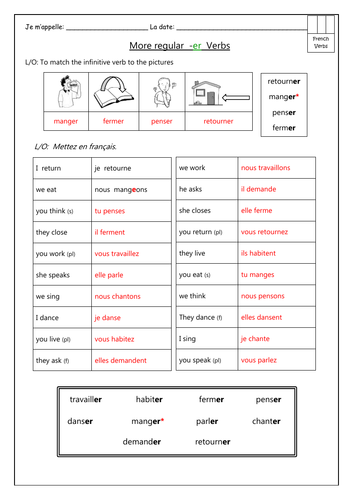 FRENCH VERBS - Planting a regular -er verb - Worksheets | Teaching ...