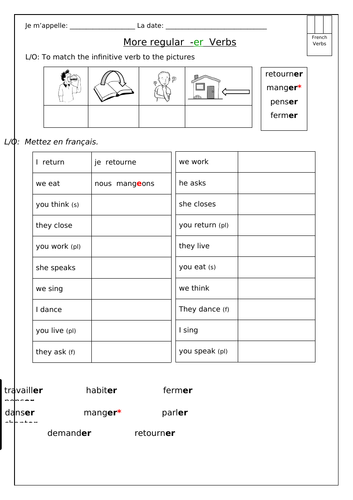 FRENCH VERBS - Planting a regular -er verb - Worksheets | Teaching ...