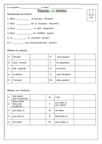 FRENCH VERBS - Planting a regular -er verb - Worksheets | Teaching ...