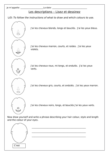 French - Facial Features - Worksheets | Teaching Resources