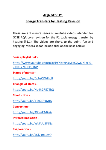 AQA GCSE P1 Energy Transfers by Heating Revision | Teaching Resources