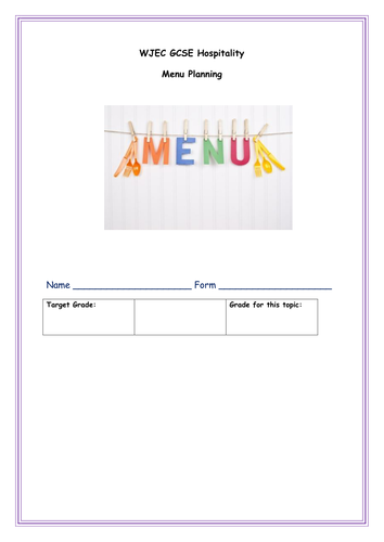 WJEC GCSE Hospitality Menu Planning | Teaching Resources