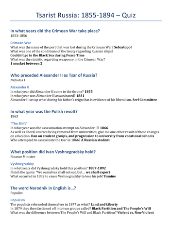 Tsarist Russia Exam Materials | Teaching Resources