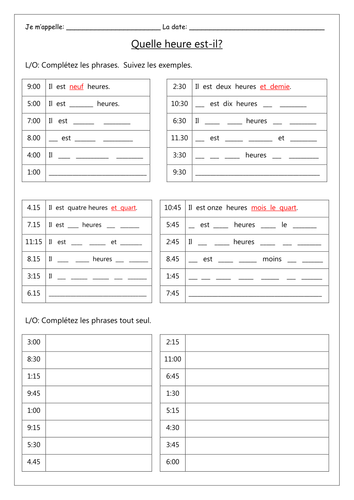 FRENCH TIME - Quelle heure est-il? Activity Booklet - Worksheets ...