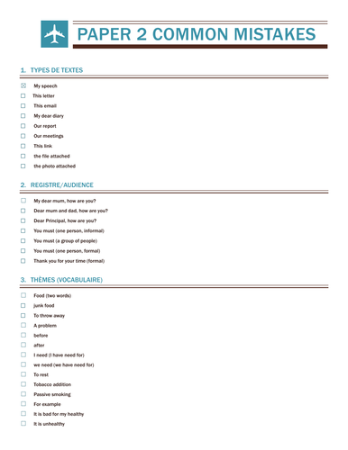 French B IB SL Paper 2 Common mistakes | Teaching Resources