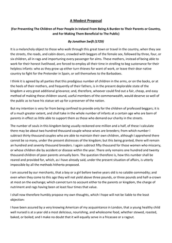 Satire: A Modest Proposal (Jonathan Swift) | Teaching Resources