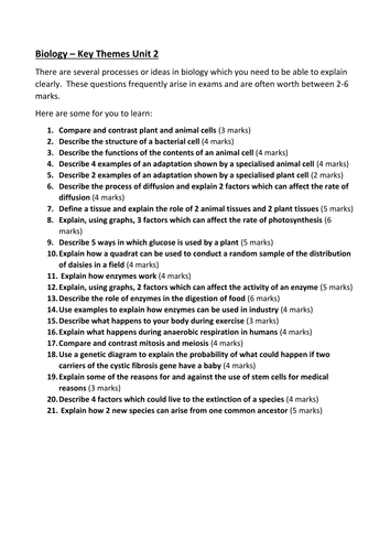 AQA GCSE Biology Unit 2 - Revision Q&A | Teaching Resources
