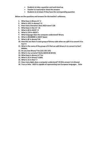 Binary/Denary/Hex/ASCII Starter/Plenary | Teaching Resources Binary/Denary/Hex/ASCII Starter/Plenary | Teaching Resources