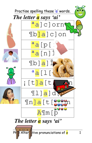 Phase 5 alternative pronunciations of the letter a: [as in angel, wasp ...