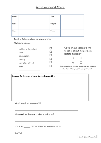No Homework Sheet | Teaching Resources