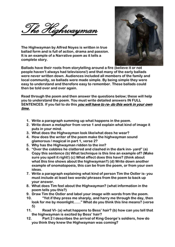 The Highwayman by Alfred Noyes | Teaching Resources